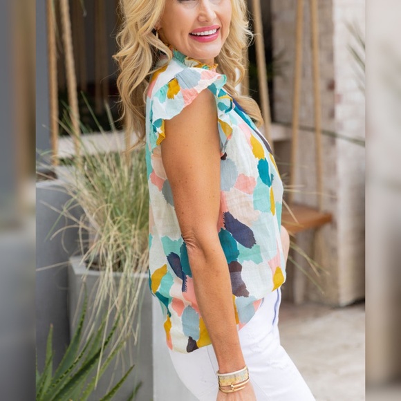 THML | Tops | Thml Multi Swatch Pattern Mock Neck Flutter Sleeve Top ...